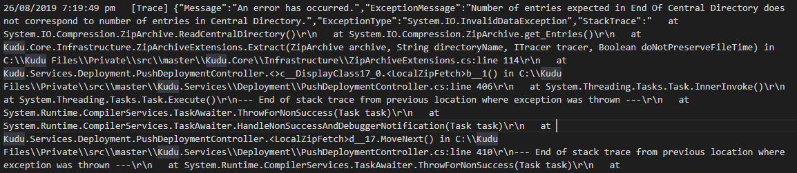 Kudu Rest Api Upload Zip Number Of Entries Expected In End Of Central Directory Does Not