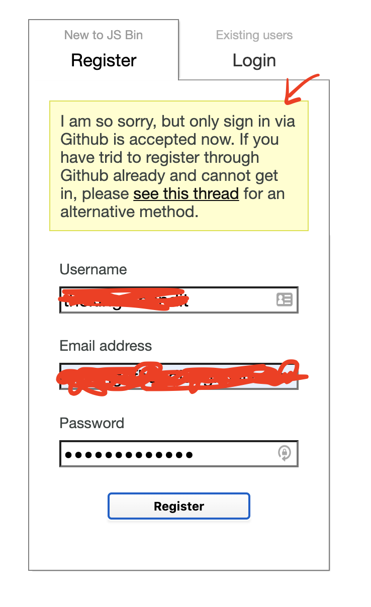 Sticky: Can't register if github username is taken · Issue #2429 · jsbin/jsbin · GitHub