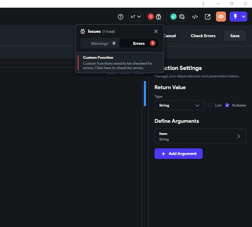 Custom Functions / Widgets / Actions does not start compiling (checking) for code validation ...