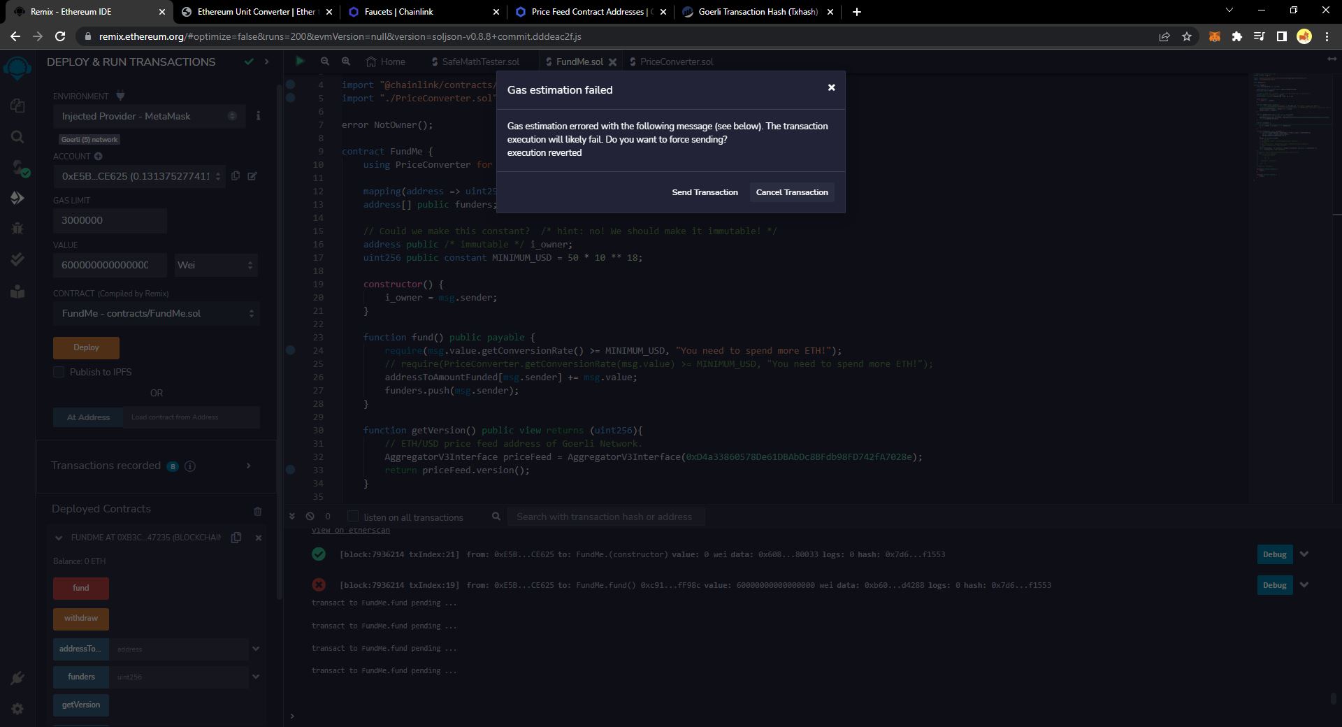LESSON 4: CANNOT RUN FUND() FUNCTION · smartcontractkit full-blockchain-solidity-course-js ...