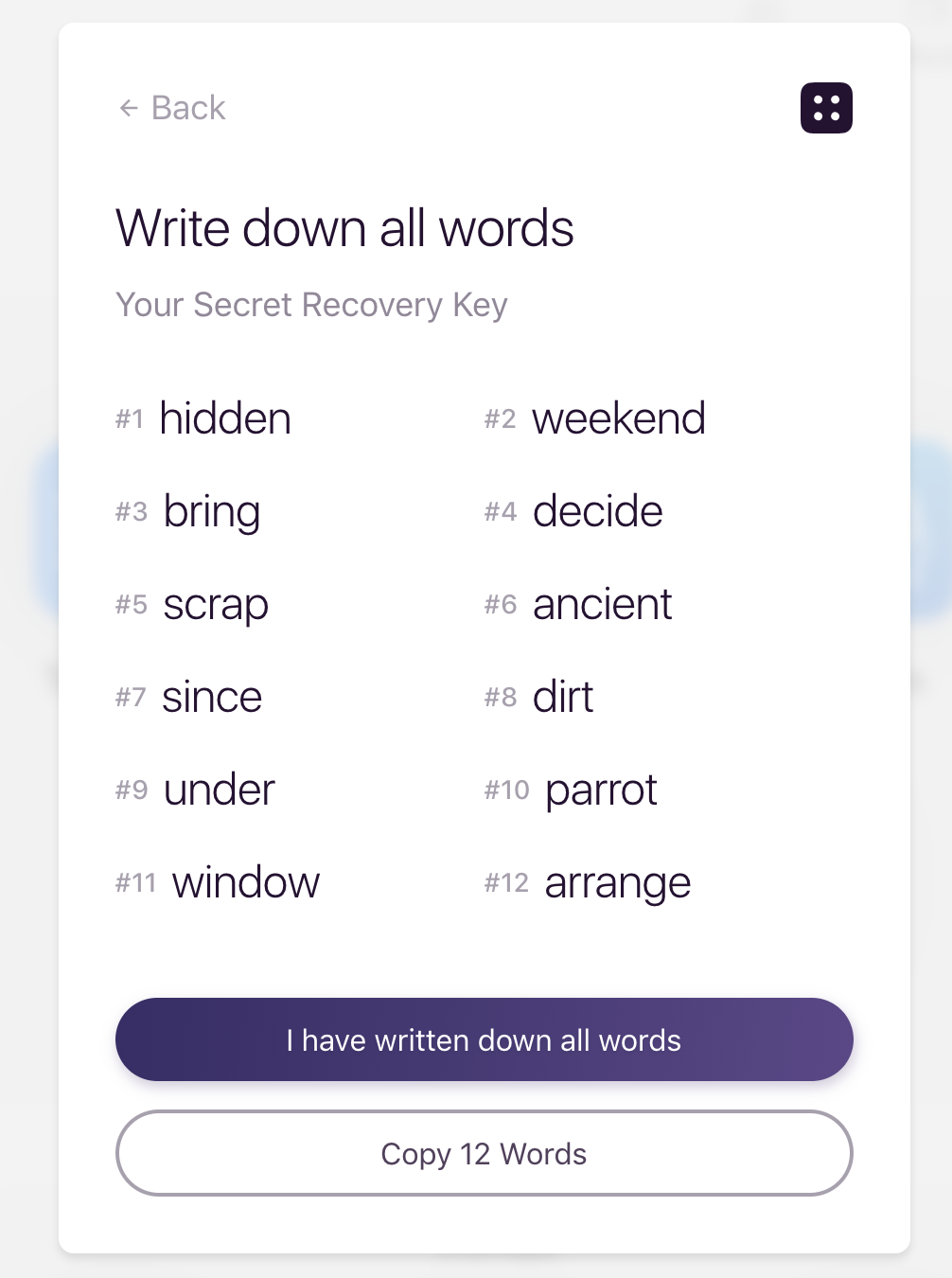 Secret recovery phrase should be written left to right, top to bottom ...