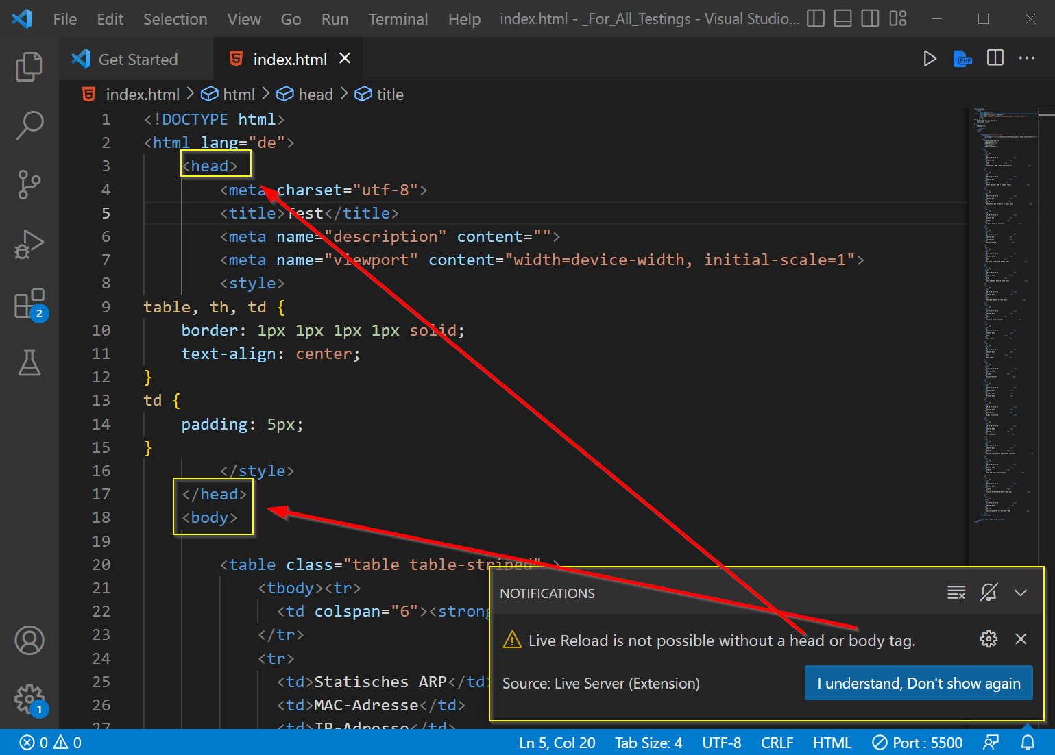 Live Reload does not work with unclosed body or head tags ("Live Reload" is not possible without ...