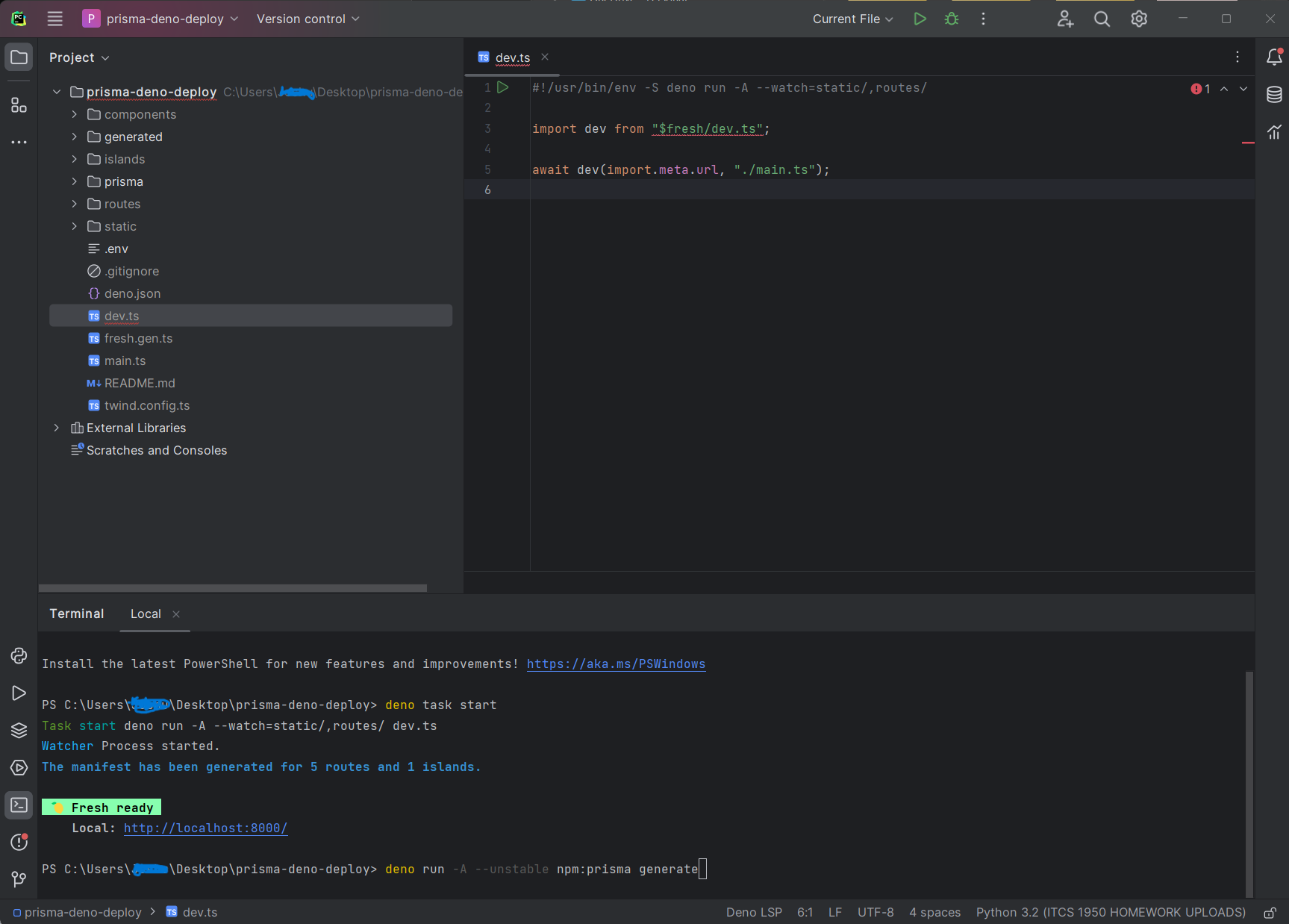 `prisma generate` fails in Deno Fresh project, `error: Uncaught ReferenceError: module is not ...
