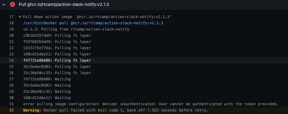 Unable to find image 'ghcr.io/rtcamp/action-slack-notify:v2.1.3 ...