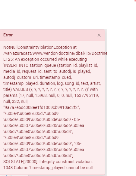 It Is Not Possible To Add A Song Manually To The Queue Mysql Error · Issue 4804 · Azuracast