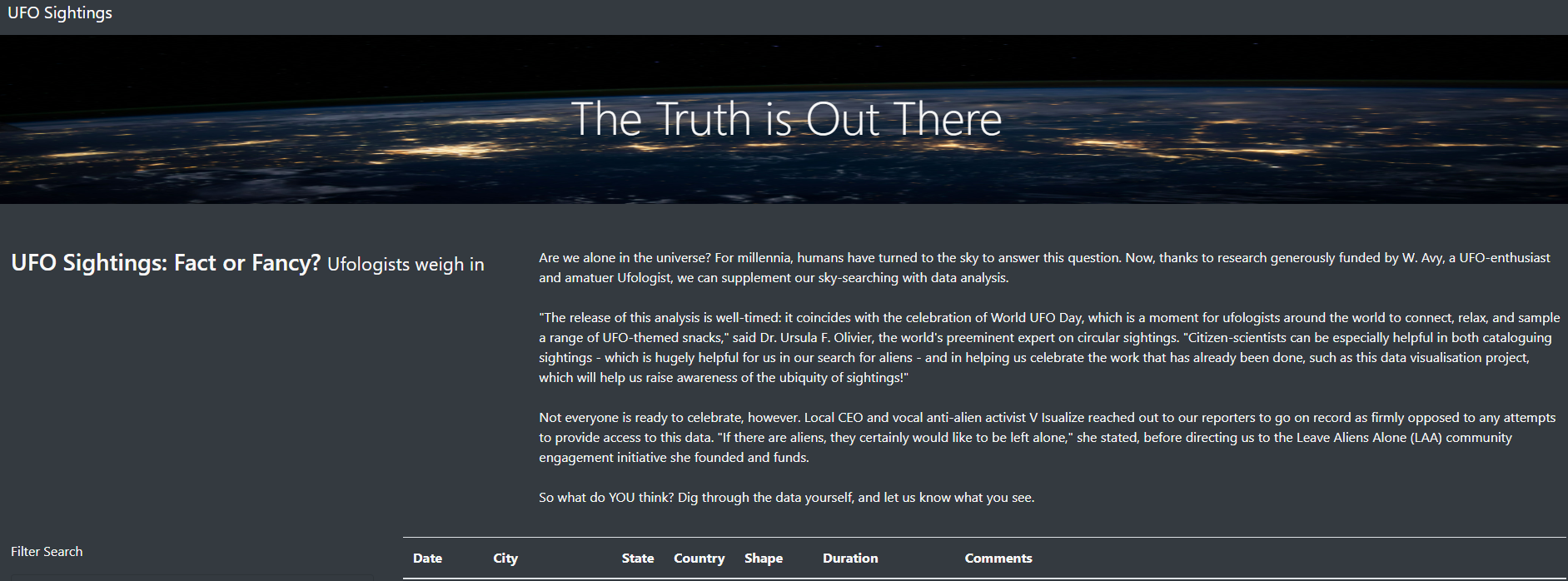 GitHub - zagorad/UFOs: Creating a website with a dynamic table, that has additional filters.