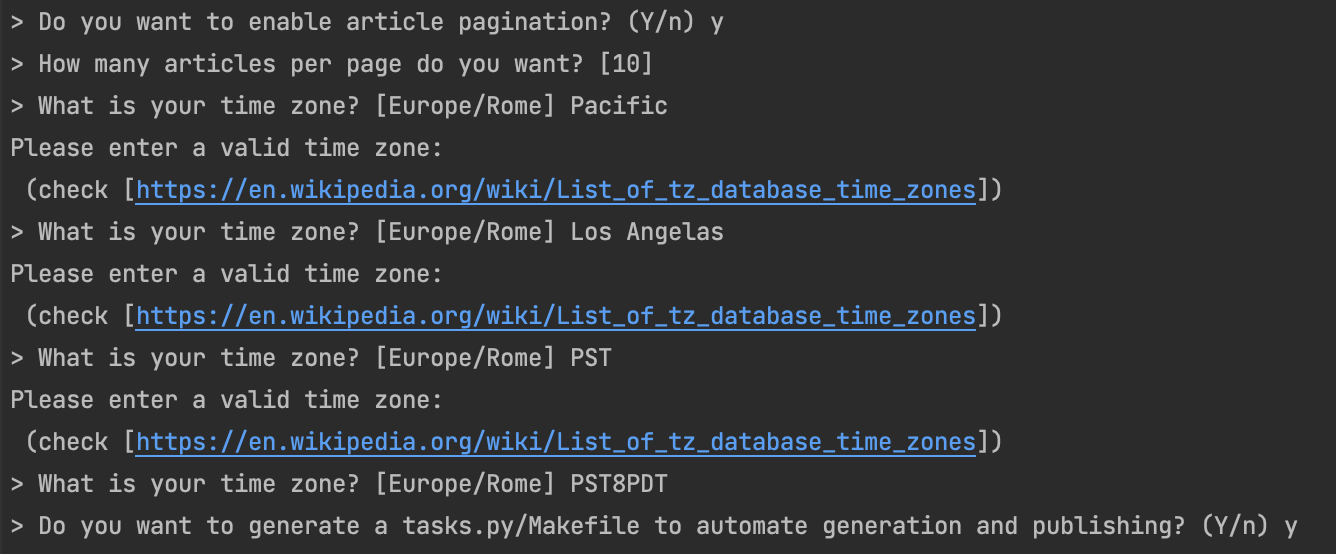 Improve setup script with additional user prompts in gathering the timezone during pelican ...