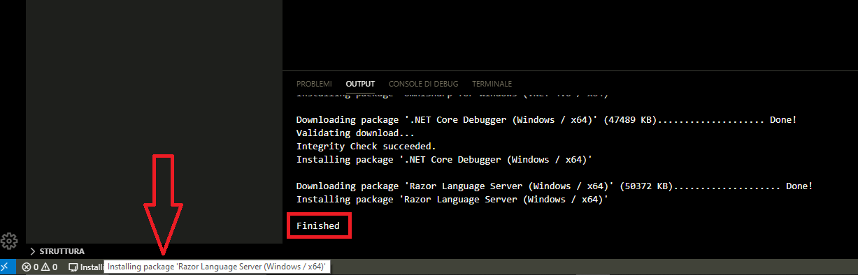 "Installing packages..." stays in the status bar after installing OmniSharp and its dependencies ...