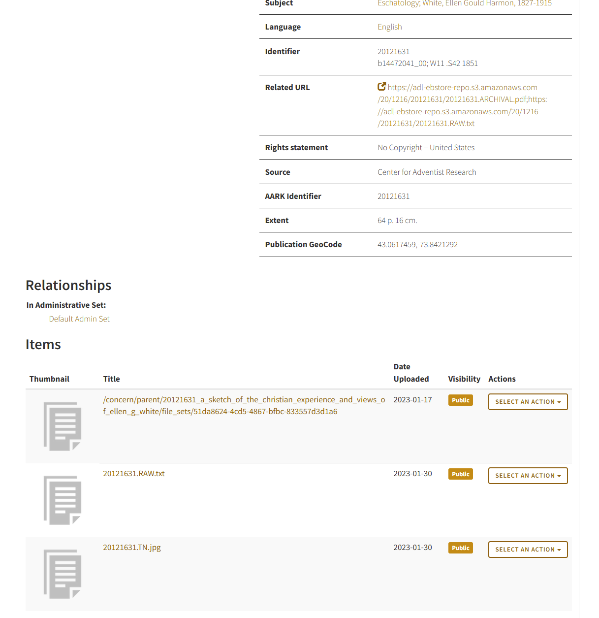 [3] Files associated with a work show up as a string (not human-readable) under Related URL ...