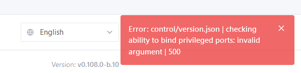 Error: control/version.json | checking ability to bind privileged ports: invalid argument | 500 ...