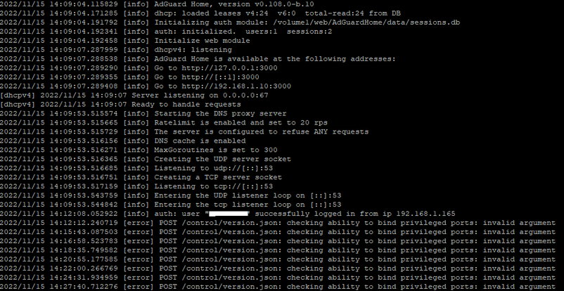Error: control/version.json | checking ability to bind privileged ports: invalid argument | 500 ...