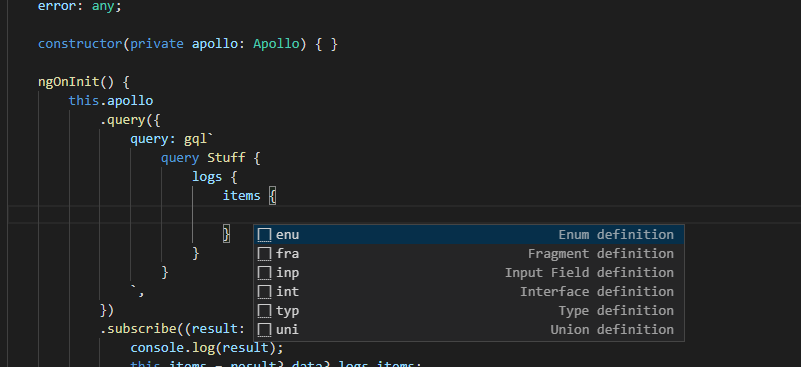 Autocomplete in `gql` tagged literals does not work when an Angular `@Component` is present ...