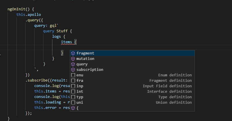 Autocomplete in `gql` tagged literals does not work when an Angular `@Component` is present ...