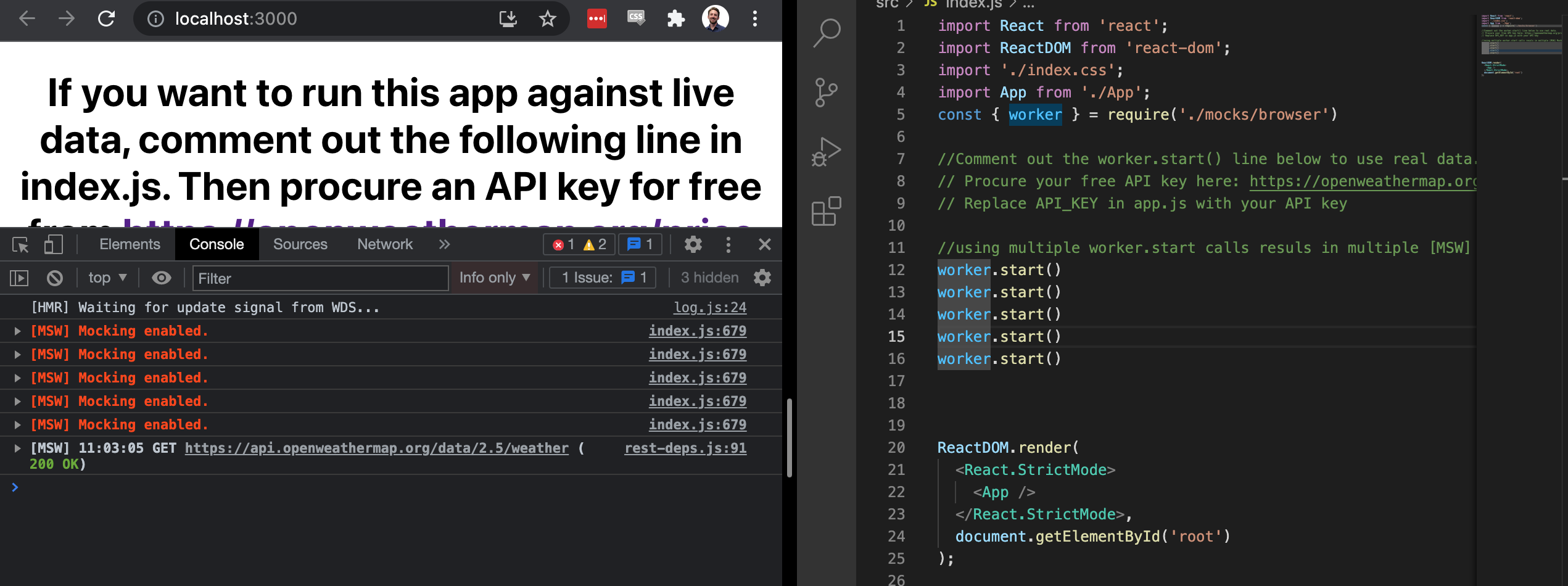 Duplicate logging in developer console with worker.start() command · Issue #990 · mswjs/msw · GitHub