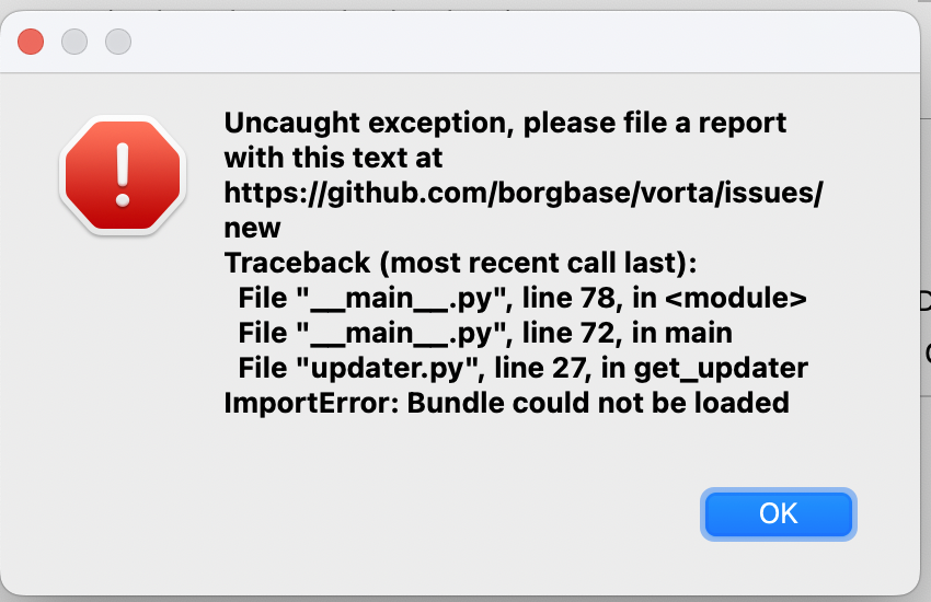 Vorta not working (ImportError: Bundle could not be loaded) · Issue #1644 · borgbase/vorta · GitHub