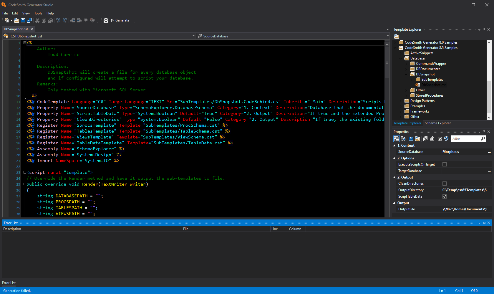 Dbsnapshot Fails With No Error Coderesults · Issue 721 · Codesmithtoolstemplates · Github