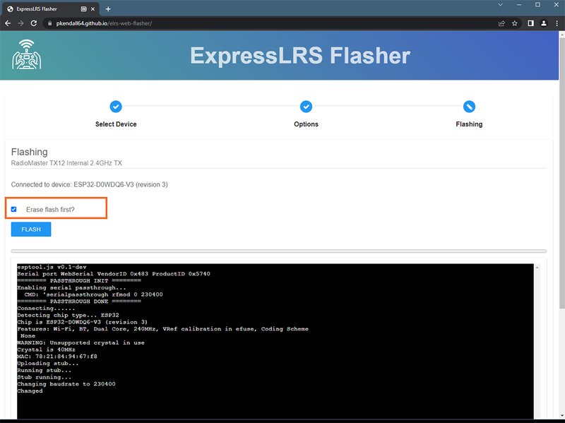 Add Erase Before Flashing Option In Configurator · Issue 436 · Expresslrs Expresslrs