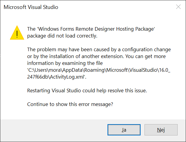 The 'Windows Forms Remote Designer Hosting Package' package did not ...