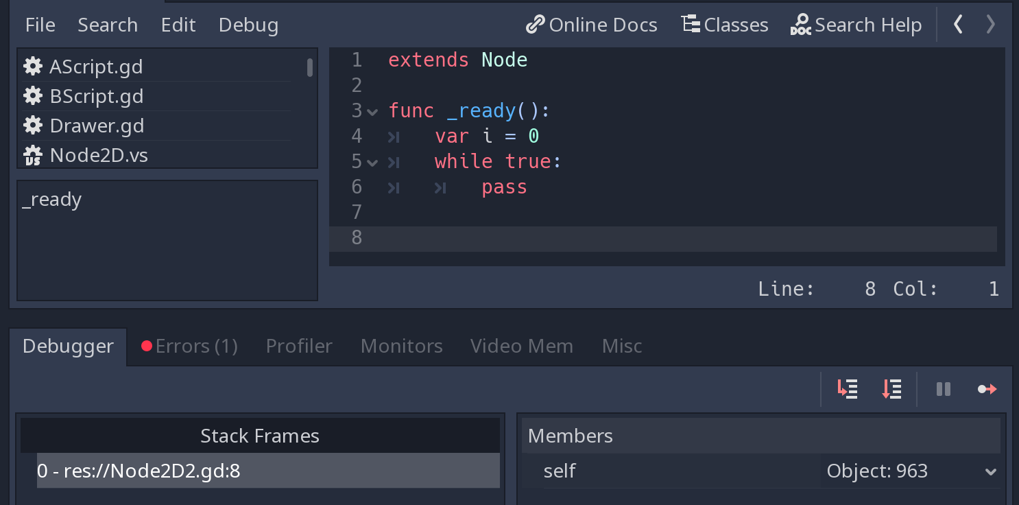 Cannot pause script debugger in an infinite loop · Issue #11126 · godotengine/godot · GitHub