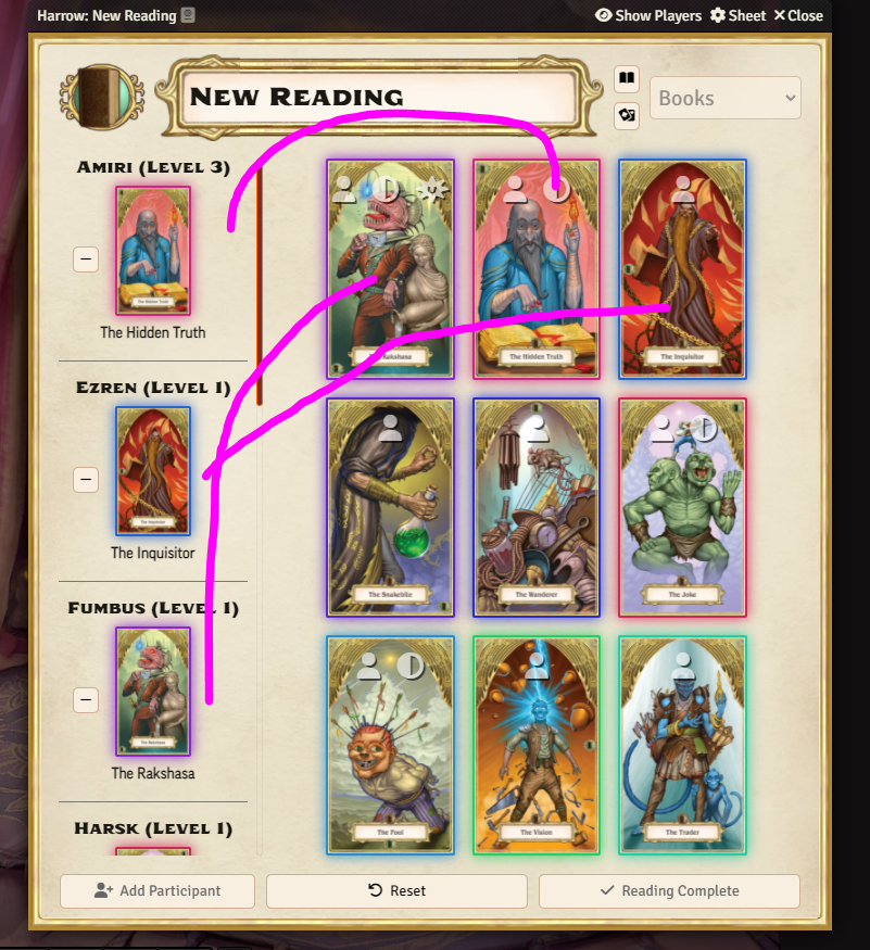 [Bug]: Harrow - cards chosen in the Choosing always show in the Spread ...