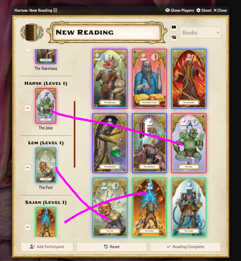 [Bug]: Harrow - cards chosen in the Choosing always show in the Spread ...