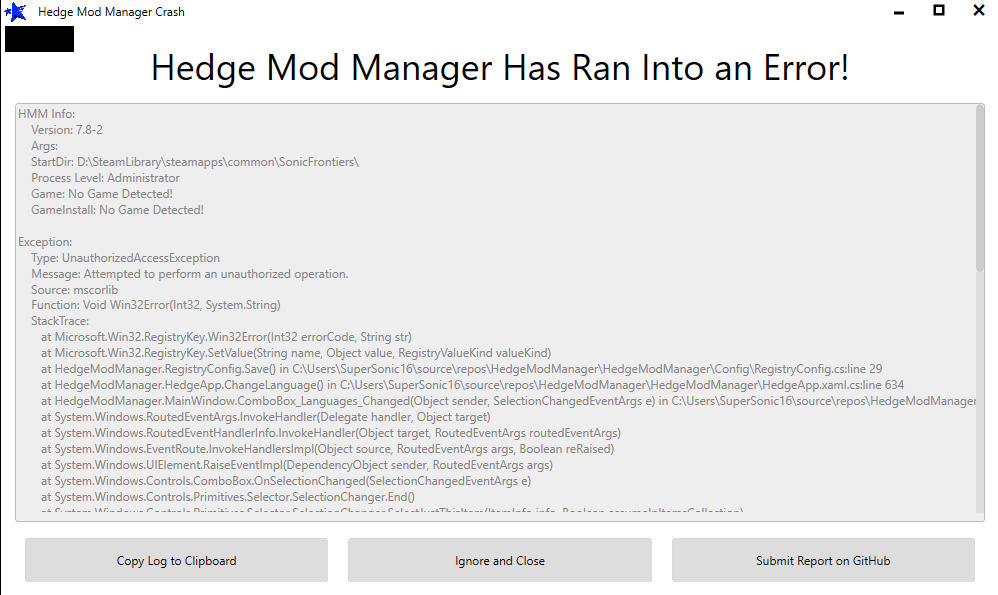Cannot get the manager to open, the .exe is placed in the SonicFrontiers folder with the game ...