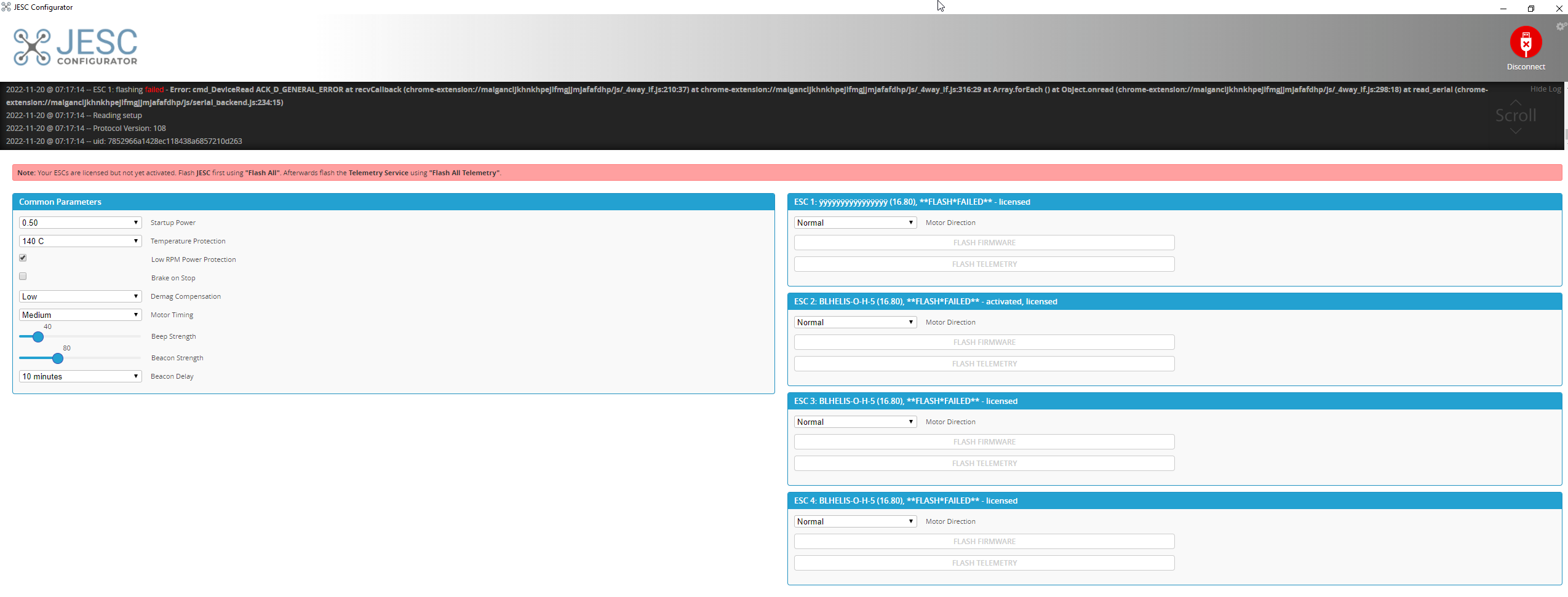 Failed JESC flash- After licensing, and mid ESC flash was brought to webpage to activate ...
