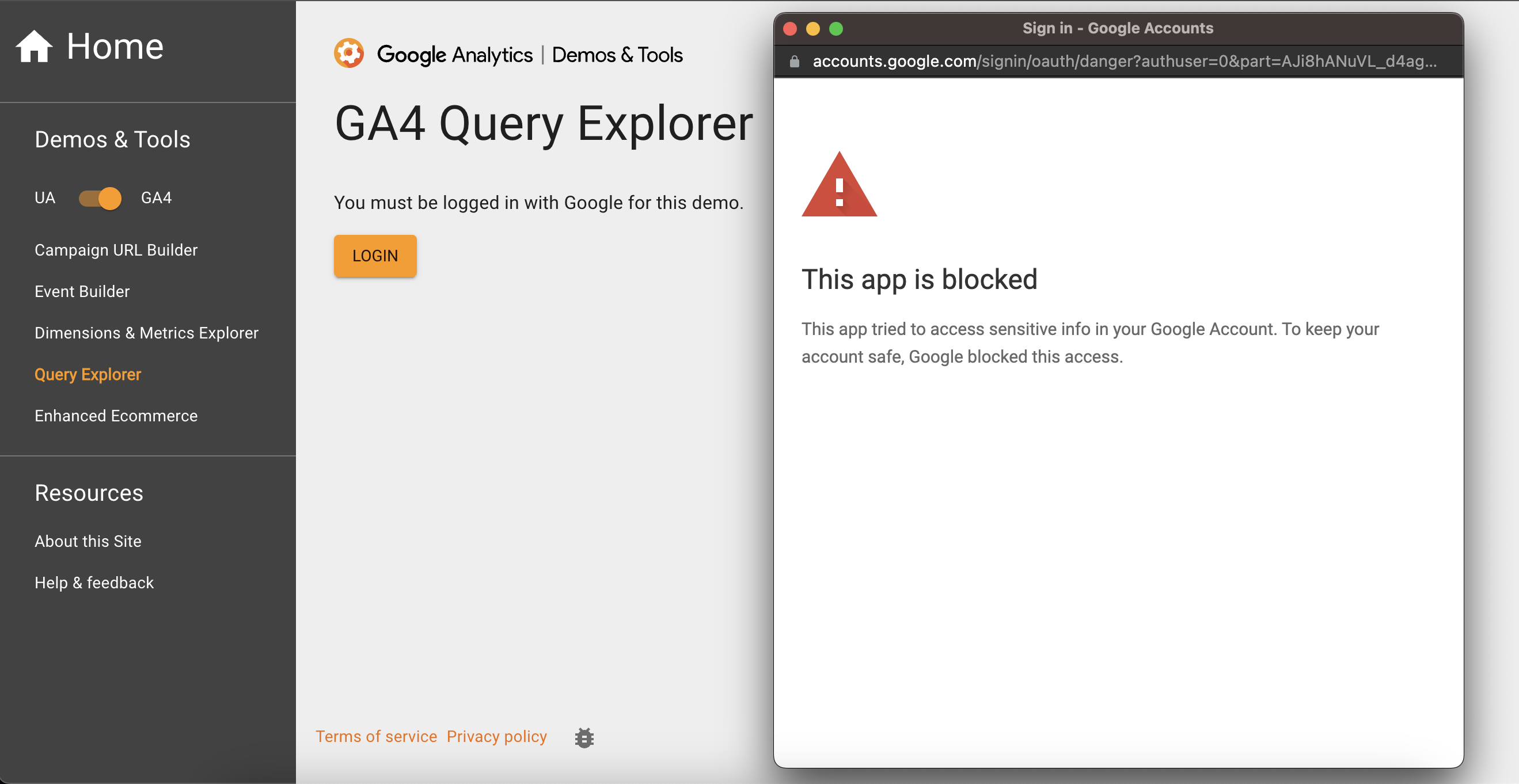 Cannot login because of google blocking login to this app · Issue #1107 · googleanalytics/ga-dev ...