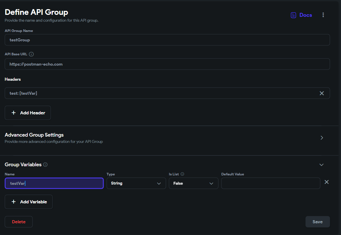 Group variables passed into group headers in API Response & Test ...