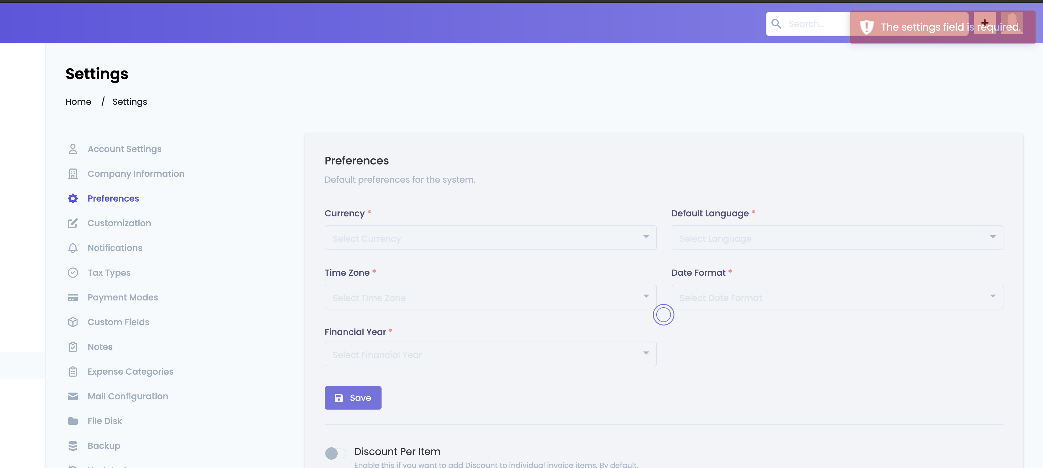 Error message in settings pages blocking interaction · Issue #342 · crater-invoice-inc/crater ...