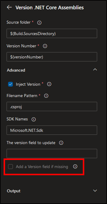 VersionDotNetCoreAssemblies "Add a Version field if missing" parameter cannot be enabled via the ...