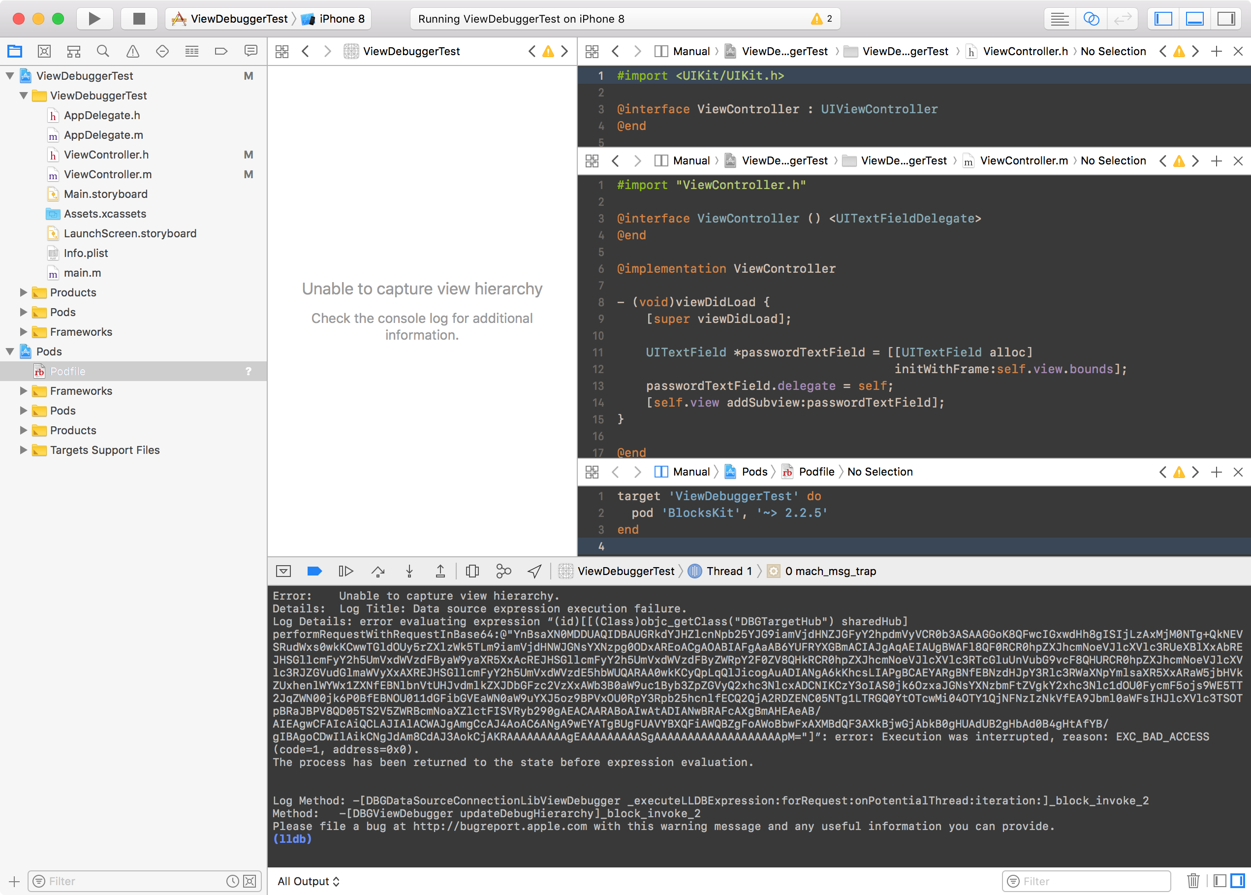 [Xcode 9] Unable to capture the view hierarchy · Issue #369 · BlocksKit/BlocksKit · GitHub