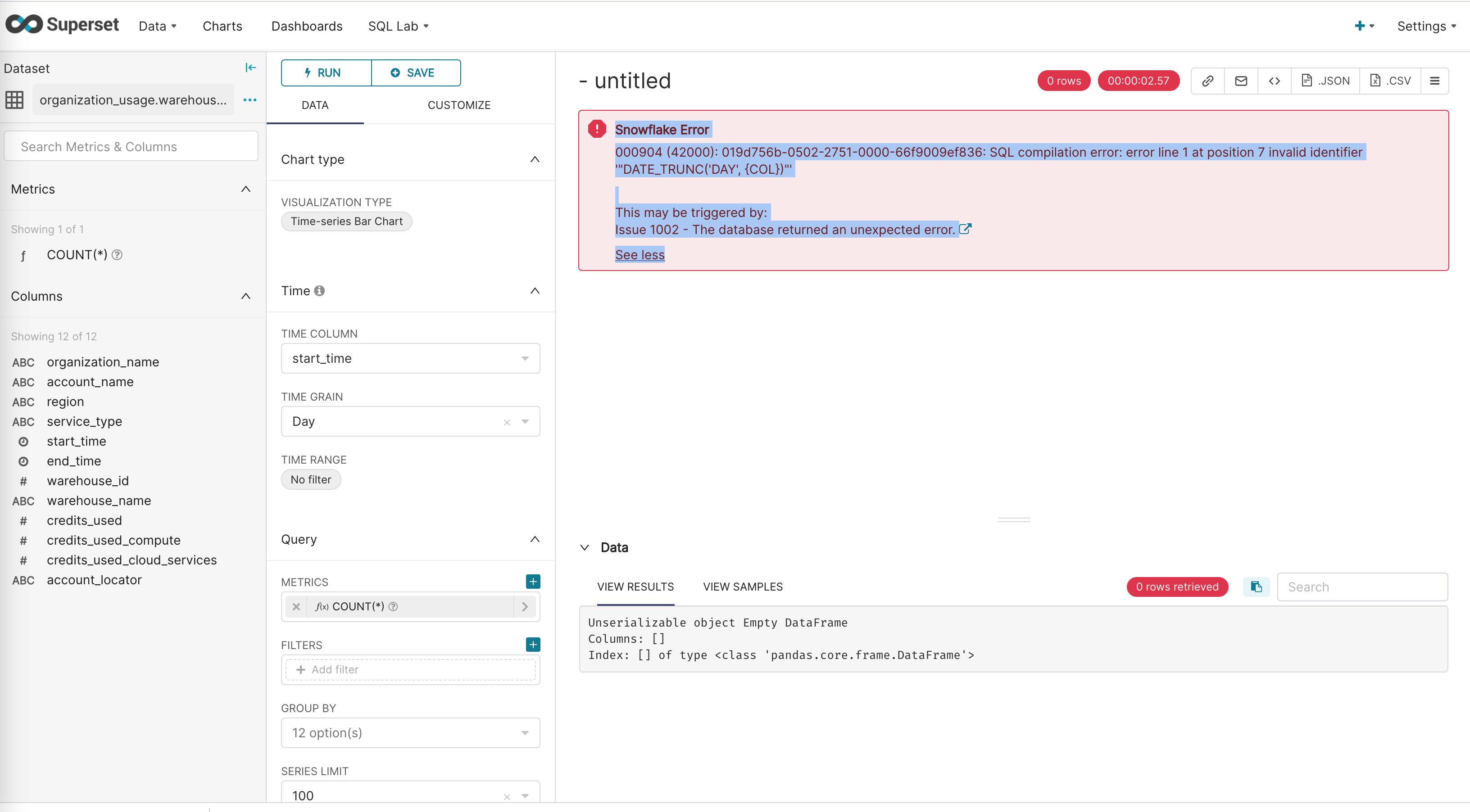 Unable To Generate Chart From Snowflake Database Dataset Time Field Is Not Getting Substituted 