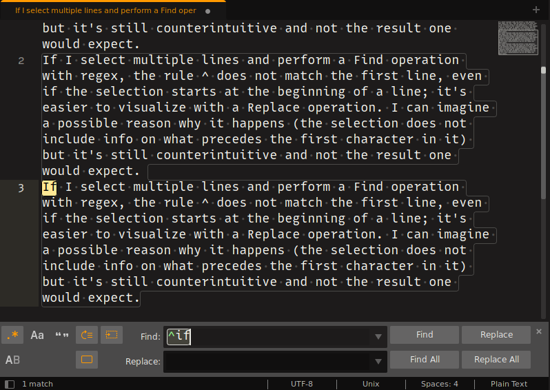 Find with regex: ^ does not match the first line in a selection · Issue #4284 · sublimehq ...