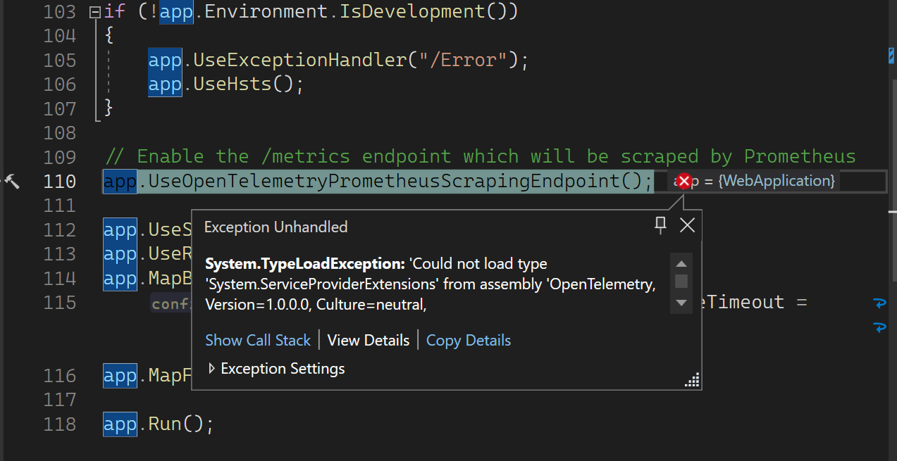 The function UseOpenTelemetryPrometheusScrapingEndpoint throws System.TypeLoadException · Issue ...