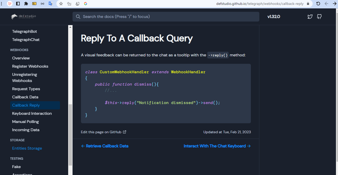documentation (webhooks-callback-reply) · Issue #349 · defstudio/telegraph · GitHub