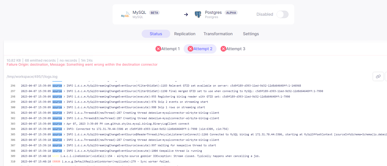 Destination Postgres: Failure Origin: destination, Message: Something went wrong within the ...