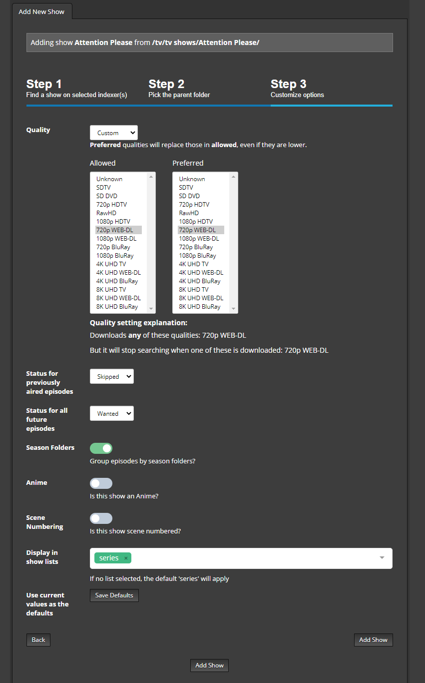 When adding a new existing show, Default EP Status selection not respected and not doing initial ...