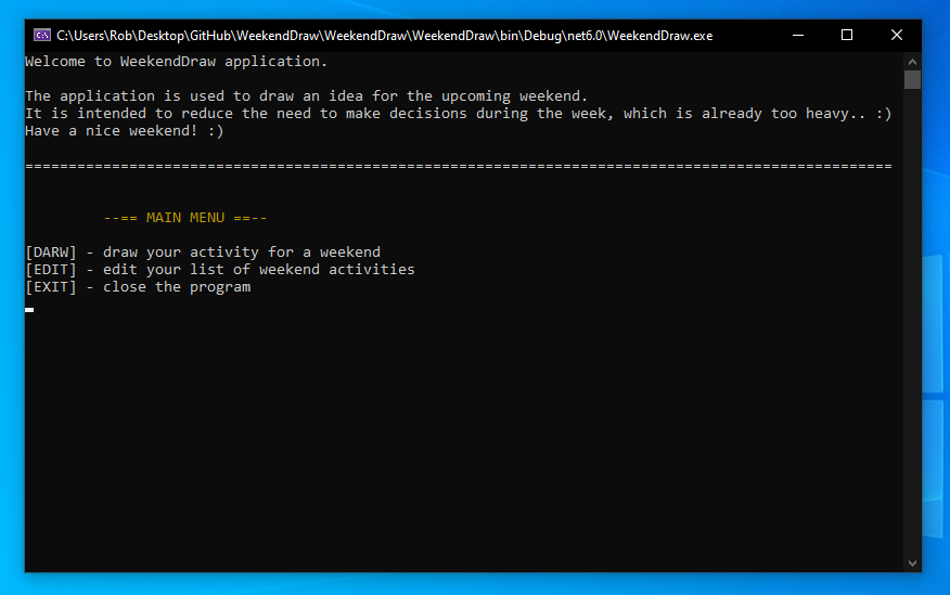 GitHub - Robert-Majer/WeekendDraw: Weekend Draw is a console application used to draw an idea ...