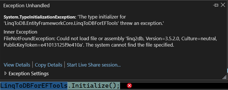 Runtime exception: apparent dependency problem with linq2db.EntityFrameworkCore package version ...