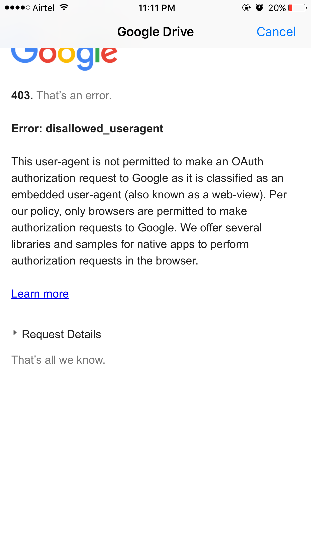 iOS app 4.1 - Error while trying to add a file from Google drive · Issue #1455 · zhukov/webogram ...