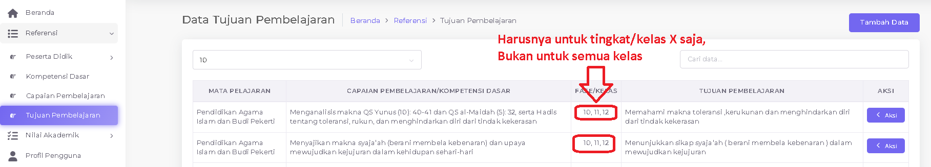 [Kasus di eRapor v6.0.1 K-13 Revisi] Tujuan Pembelajaran Yang Diinput Untuk Kelas X tapi yang ...
