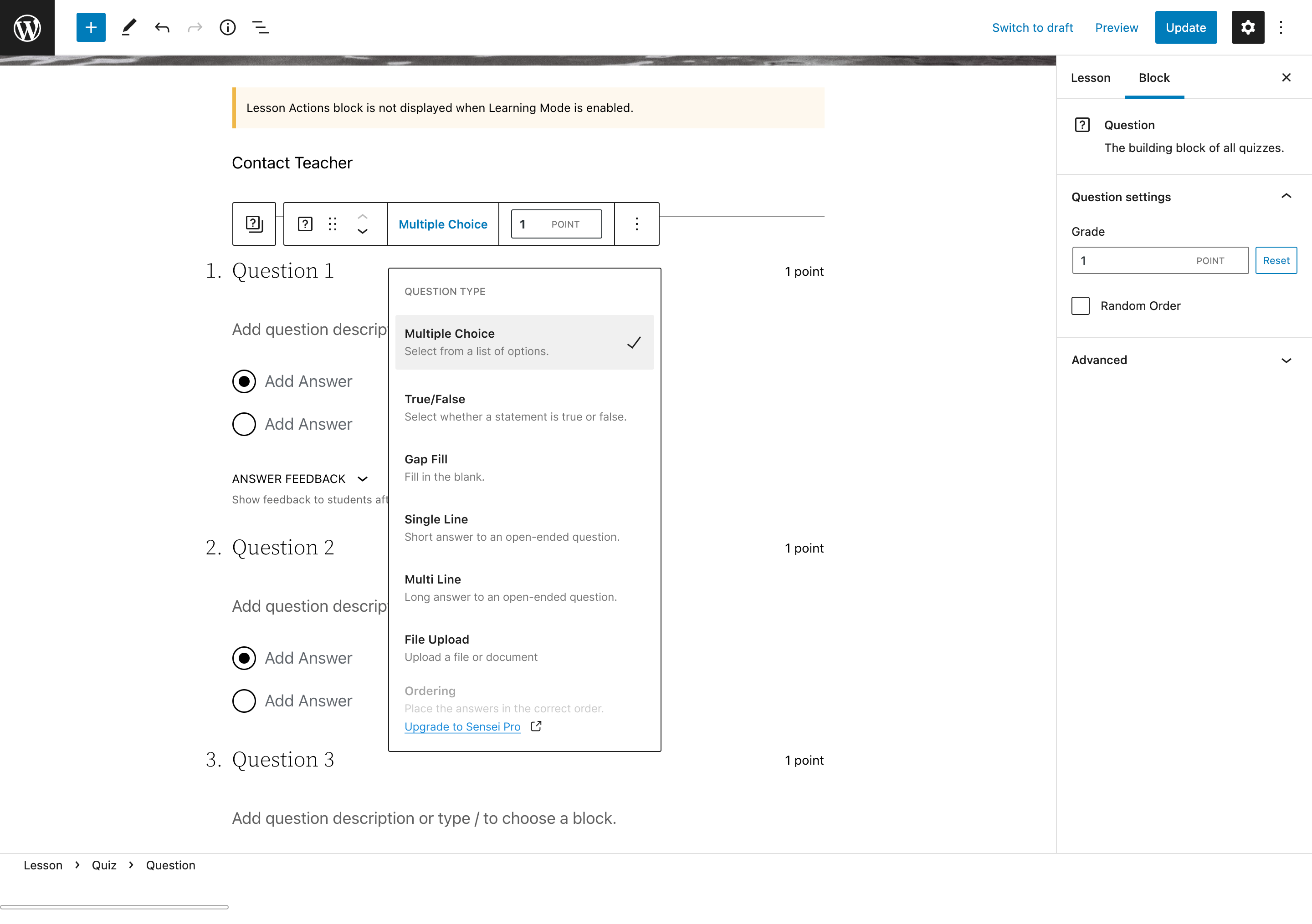Add upgrade nudge to Quiz block · Issue #4756 · Automattic/sensei · GitHub