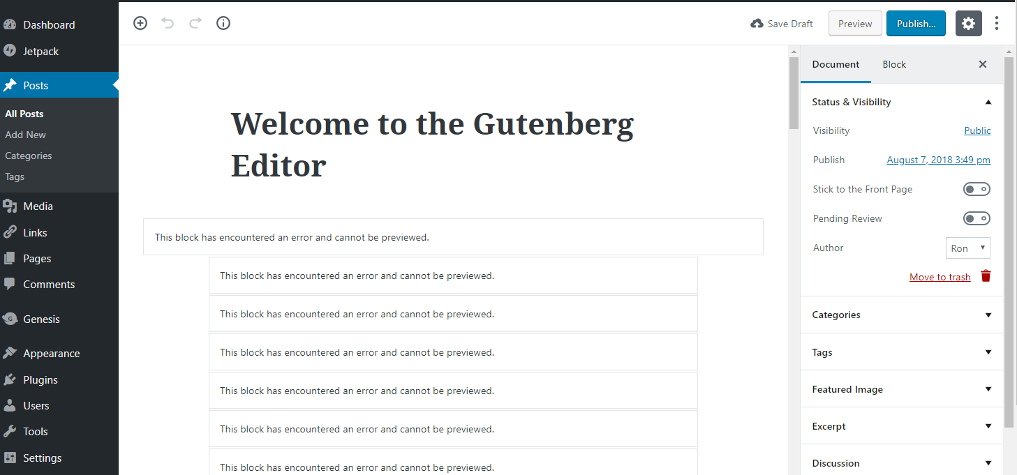 -install- all existing posts uneditable, not able to create new posts - This block has ...