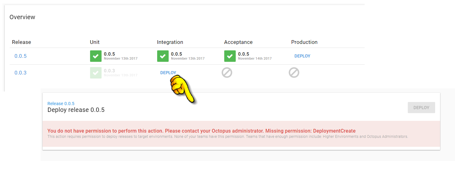 Deployment action visible on overview when user lacks permission to ... Deployment action visible on overview when user lacks permission to ...