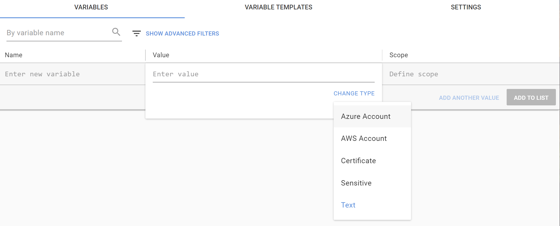 Variables in Project and Library variable sets do not support all the possible variable types ...
