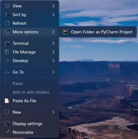How to add the context menu "Open Folder as PyCharm Project" to the main/root view of context ...