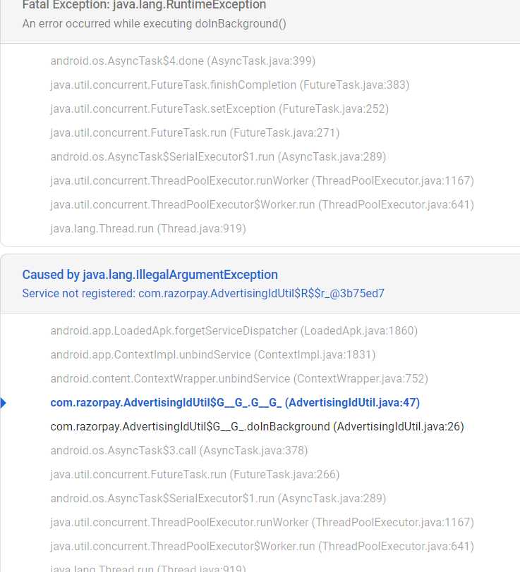 1 5 16 Illegalargumentexception Service Not Registered Com Razorpay Advertisingidutil R R