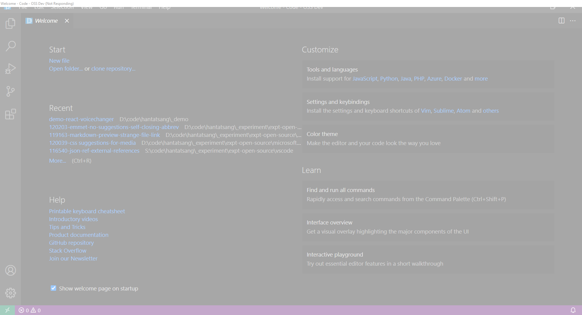Locally built VS Code freezes on launch · Issue #121810 · microsoft/vscode · GitHub