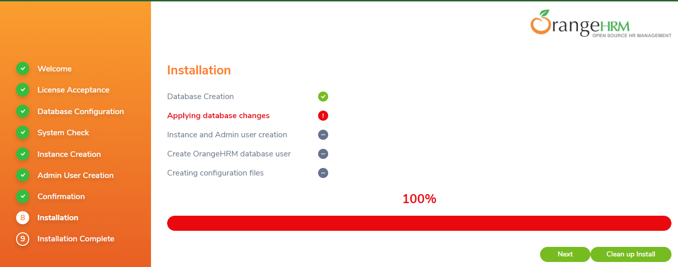Unable to move past "Applying Database Changes" · Issue #1653 · orangehrm/orangehrm · GitHub